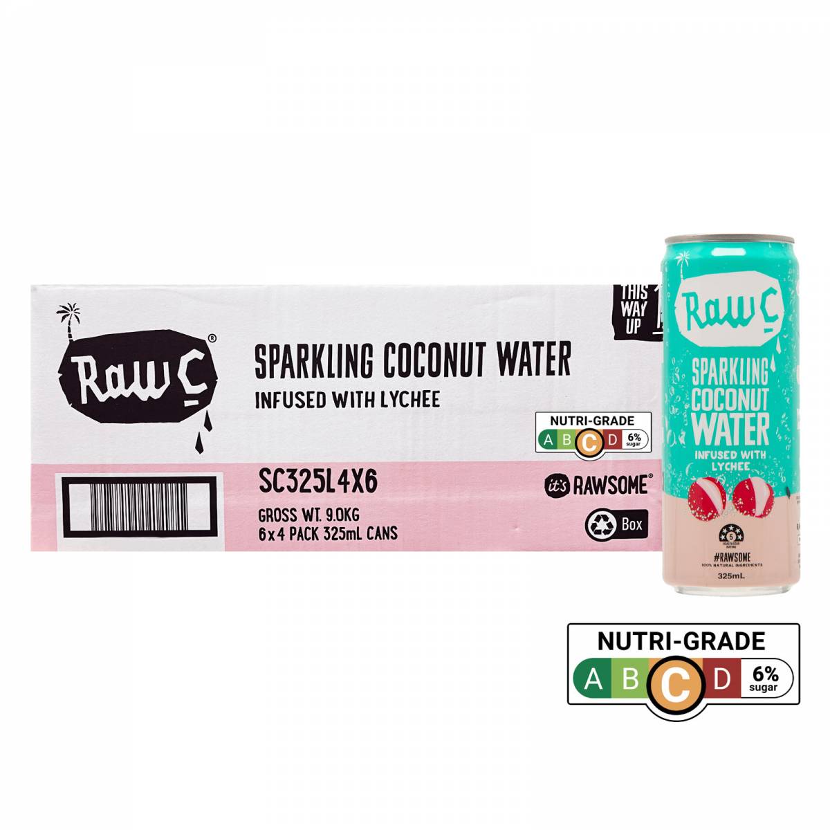 Raw C Sparkling Coconut Water Infused with Lychee, 325 ml x 12